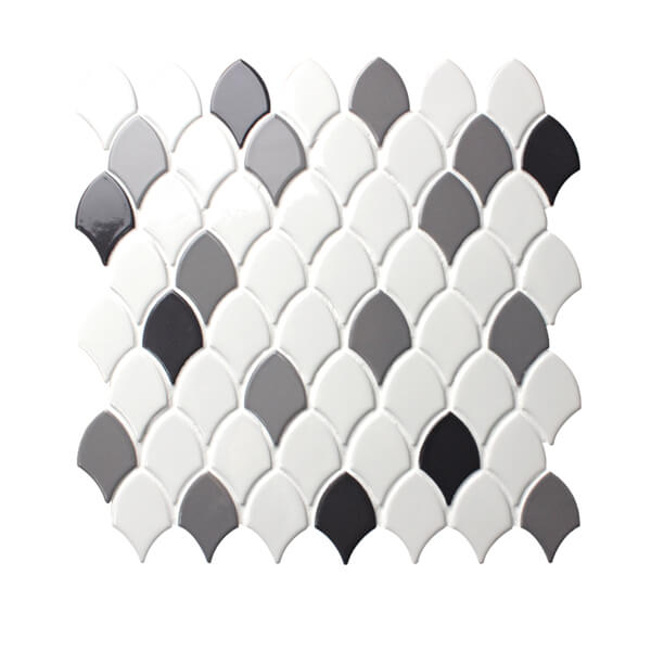 Wholesale Glossy Gray White Fish Scale Shaped Porcelain Tile Backsplash